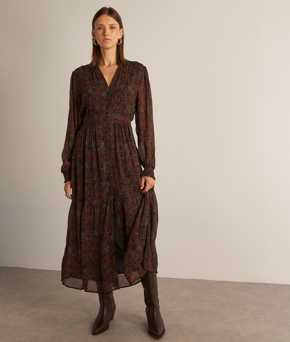 Braunes, langes Kleid mit Printmuster Carola Damen | Maison 123